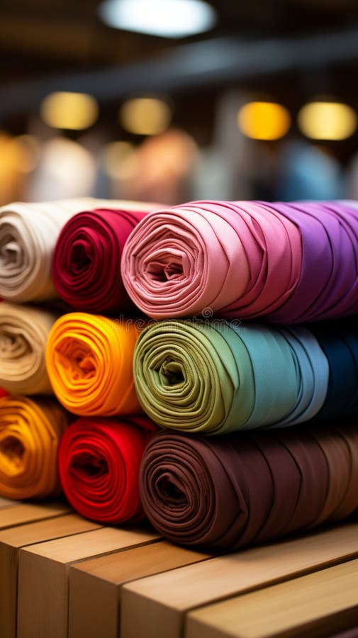 Colorful Textiles Stack in a Fabric Store with a Blurred Background ...