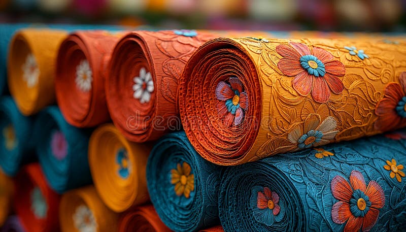 Colorful Textiles Stacked in Store, Vibrant Patterns Displayed ...