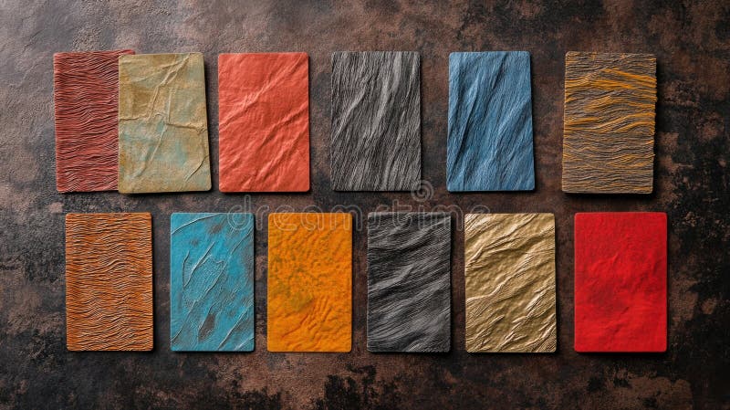 Colorful Textured Cards Arranged in Two Rows on a Surface Stock ...