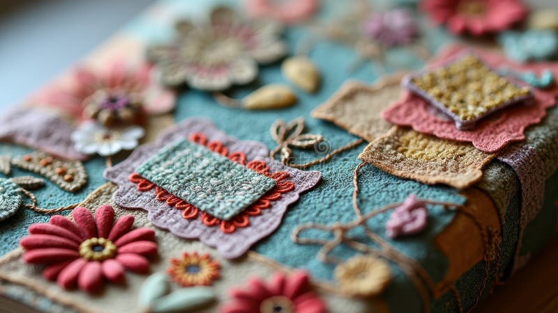 Colorful Textured Fabric Art with Embroidered Flowers and Patterns ...