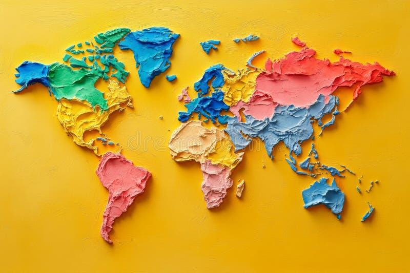 Colorful Textured World Map with Continents on Yellow Background Stock ...