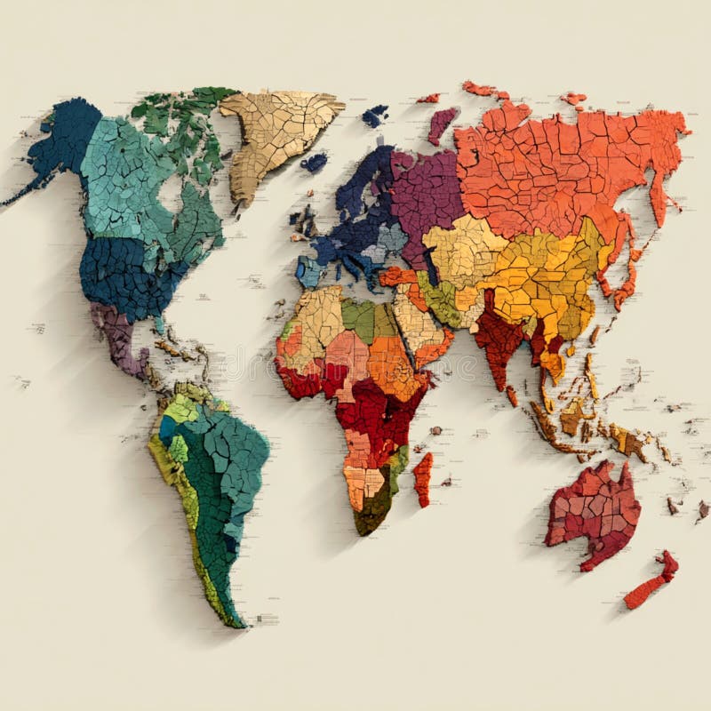 A Colorful and Textured World Map Showing the Continents and Countries ...