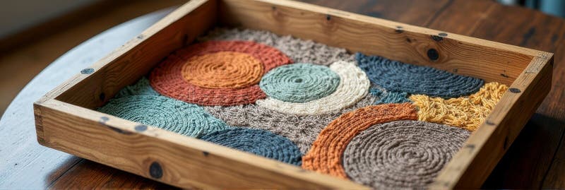 Colorful Textured Yarn Art in Wooden Frame on Table Stock Photo - Image ...