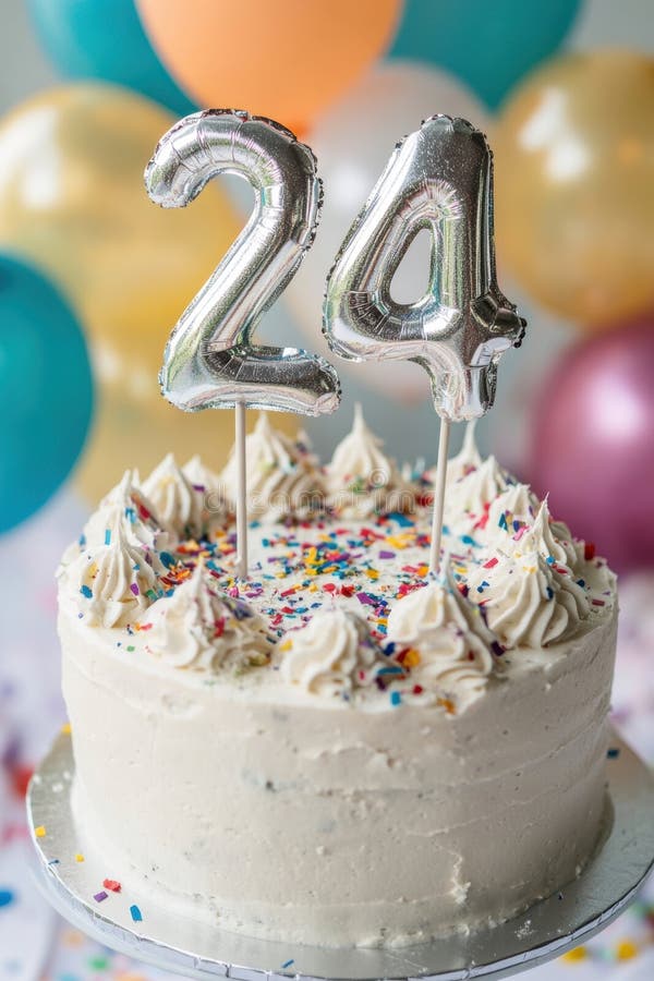 Colorful 24th Birthday Celebration with Cake and Balloons Stock ...