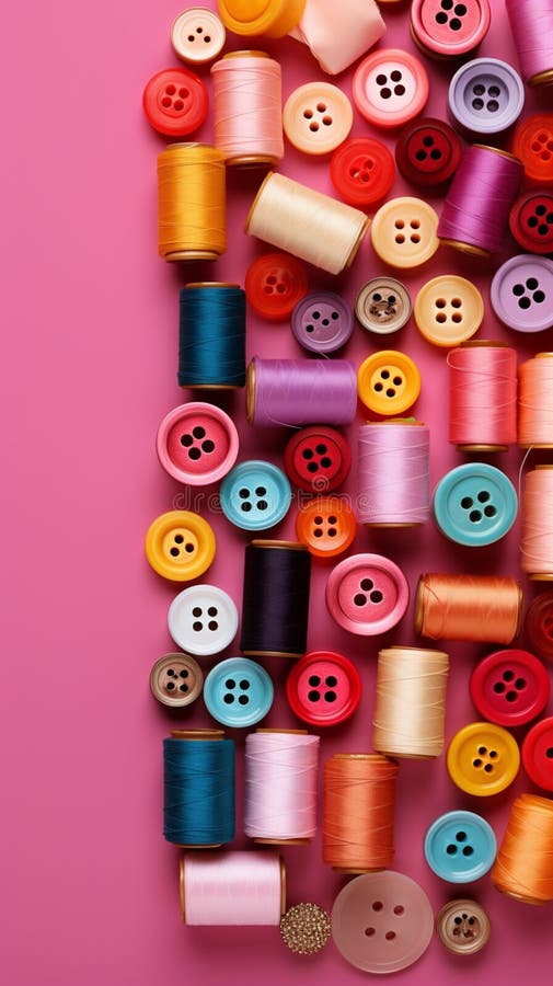 Colorful Thread Spools and Buttons on Pink Background, Top View Stock ...