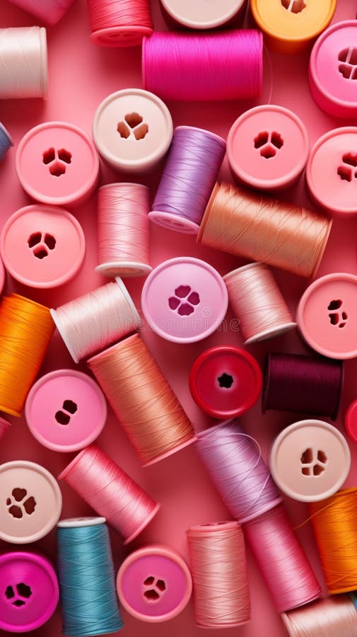 Colorful Thread Spools and Buttons on Pink Background, Top View Stock ...