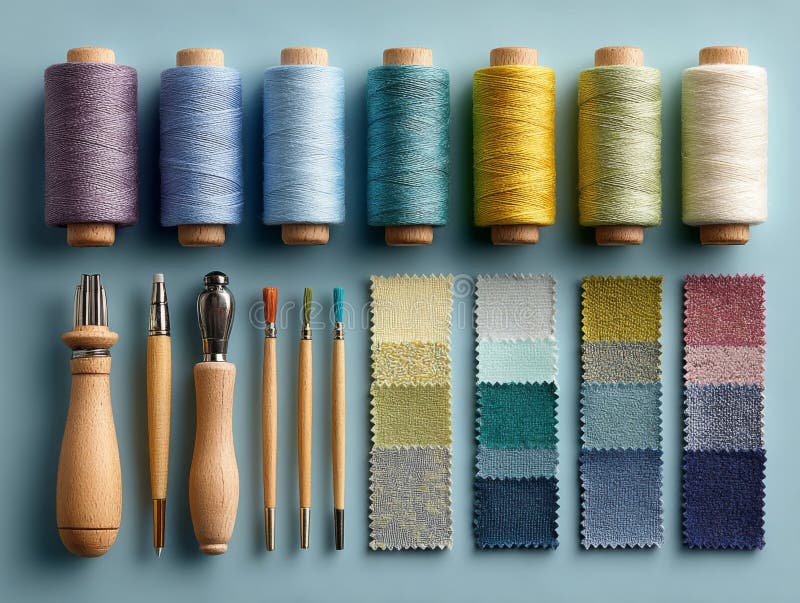 Colorful Thread Spools and Fabric Swatches Stock Illustration ...