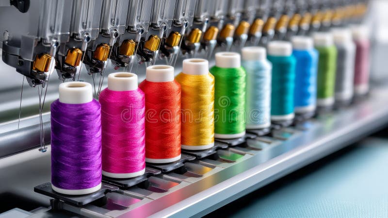 Colorful Thread Spools in Modern Embroidery Machine for Textile ...