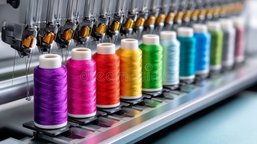 Colorful Thread Spools in Modern Embroidery Machine for Textile ...