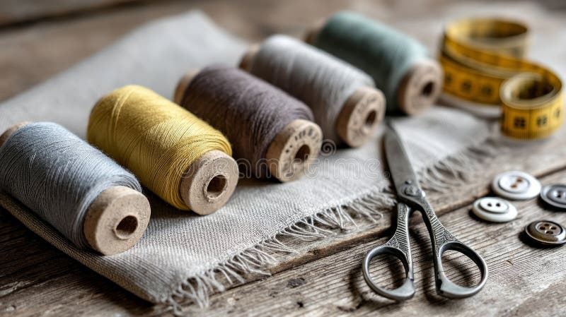 Colorful Thread Spools with Scissors on a Rustic Fabric Surface. Stock ...
