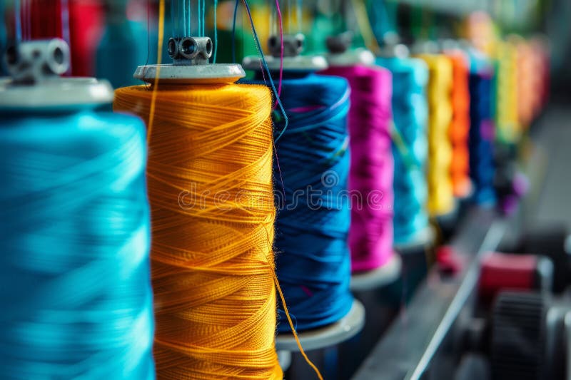 Colorful Thread Spools on a Spinning Machine. Textile Threads Industry ...