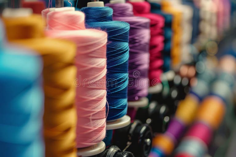 Colorful Thread Spools on a Spinning Machine. Textile Threads Industry ...
