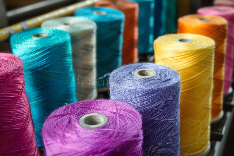 Colorful Thread Spools on a Spinning Machine. Textile Threads Industry ...