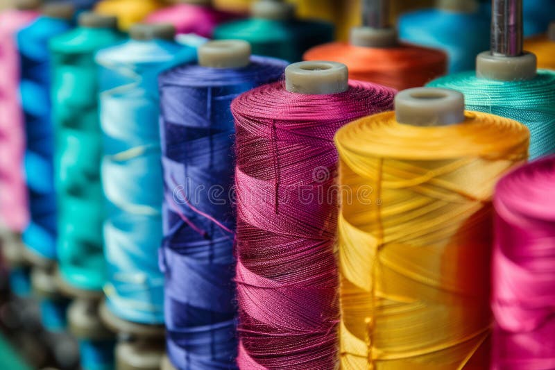Colorful Thread Spools on a Spinning Machine. Textile Threads Industry ...