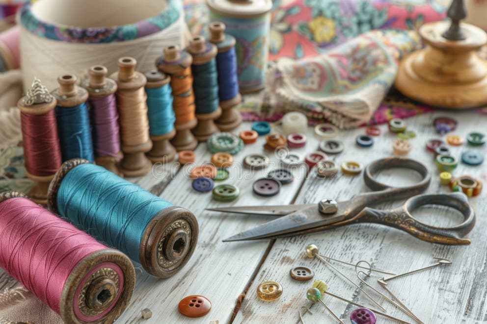 Colorful Threads and Buttons Scattered Around a Wooden Table Create a ...