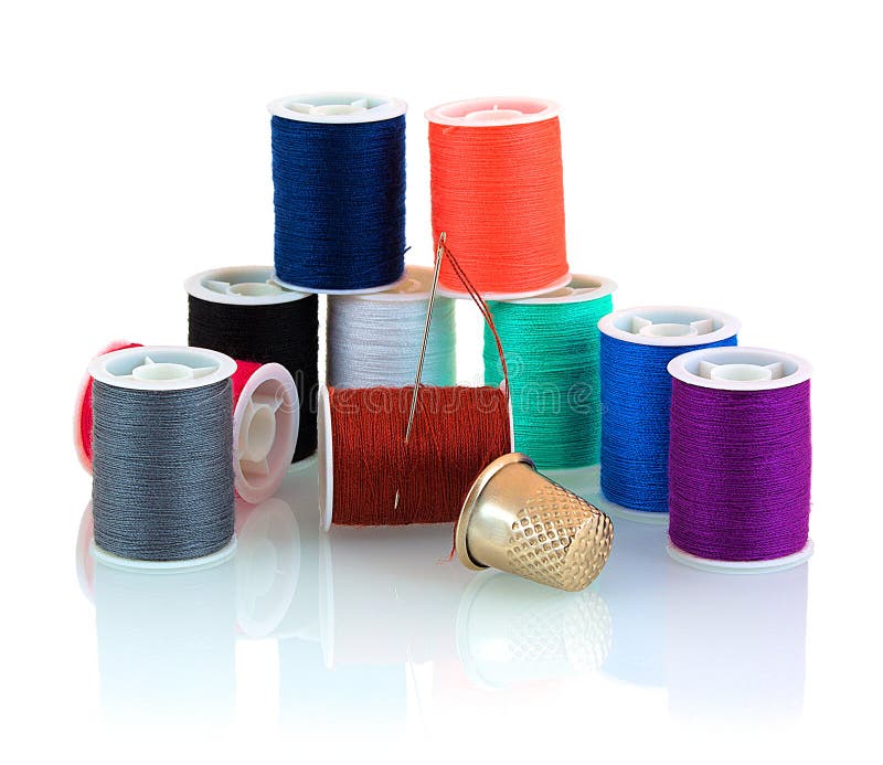 Colorful Threads, Thimble and Needle Isolated on White Background with ...