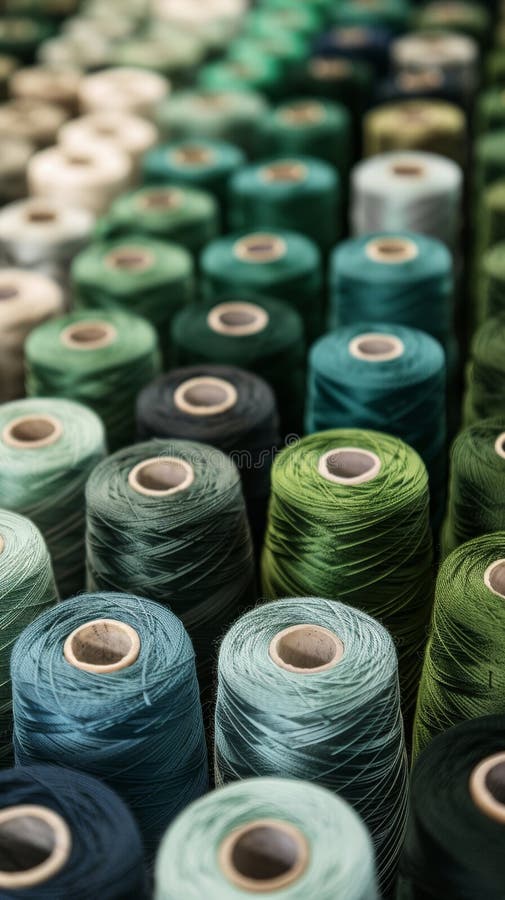 Colorful Threads in Various Shades of Green, Rows of Spools. Textile ...