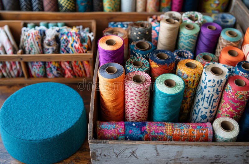 Colorful Threads and Vibrant Fabric Rolls in a Craft Room Showcasing a ...