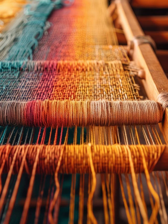 Colorful Threads on a Weaving Loom Creating a Rainbow Gradient Textile ...