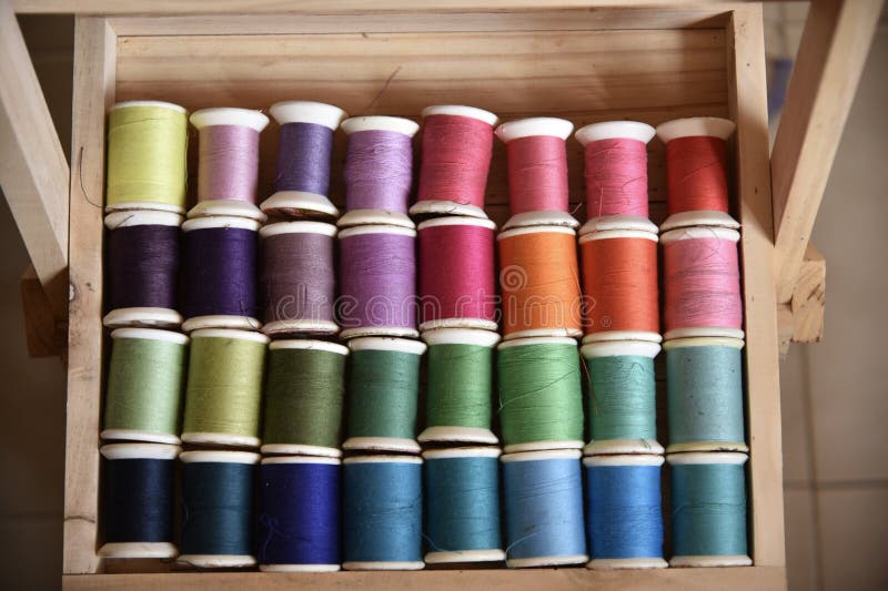 Colorful Threads in Wood Box Stock Photo - Image of object, pattern ...
