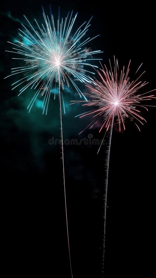 Colorful Three Fireworks Small in the Middle Position of a Black ...