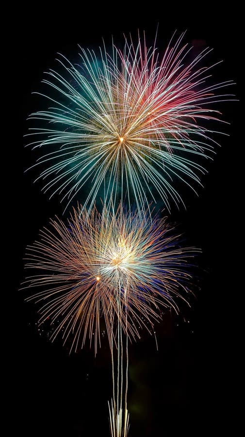 Colorful Three Fireworks Small in the Middle Position of a Black ...