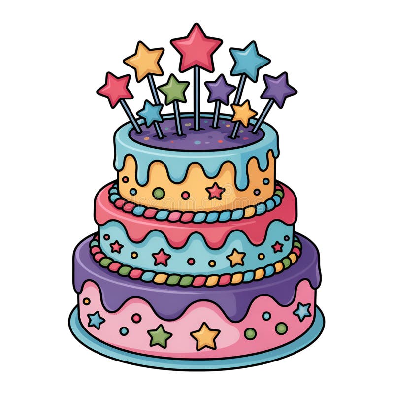 Three Tiered Cake with Star Decorations, Colorful Icing and Sprinkles ...