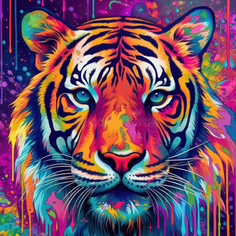 Colorful Tiger Dripping Paint on Splatter Background . Stock ...