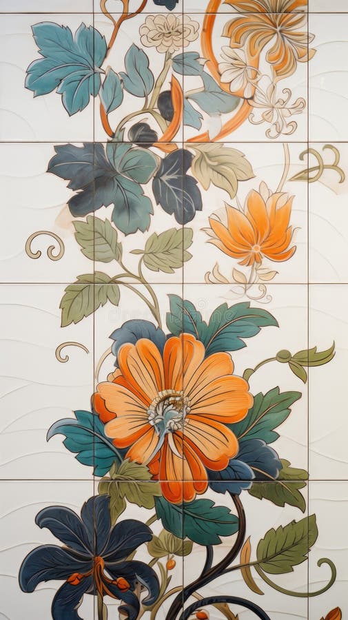 A Colorful Tile Wall with Flowers and Leaves, AI Stock Illustration ...