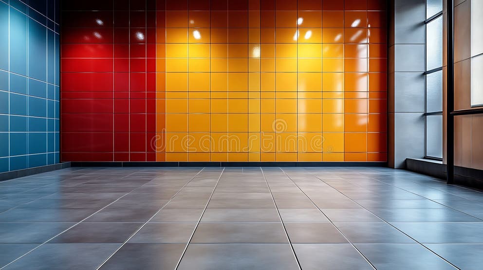 Colorful Tiled Wall and Grey Tiled Floor Interior Space Stock Image ...