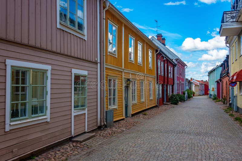 Colorful Timber Houses in Swedish Town Eksjo Editorial Photography ...
