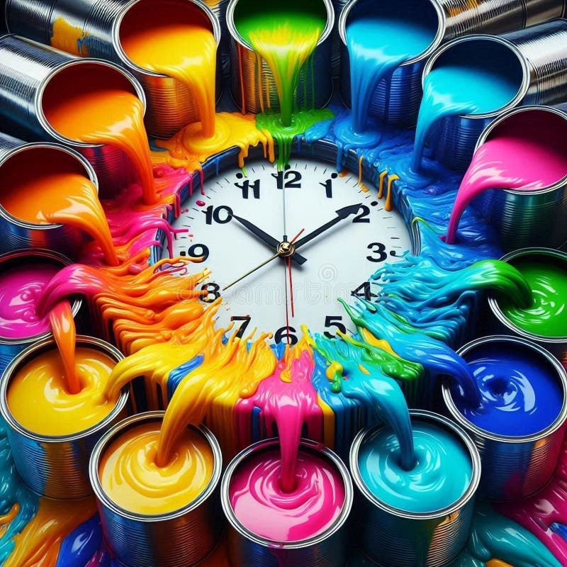 Colorful Time Flow: Paint Cans and Clock Illustration Stock ...