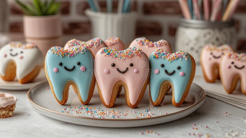 Colorful Tooth Cookies with Smiling Faces and Sprinkles on a Plate ...