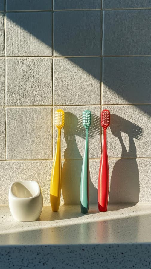 Colorful Toothbrushes with Bathroom Tiles with Sunlight in the Morning ...