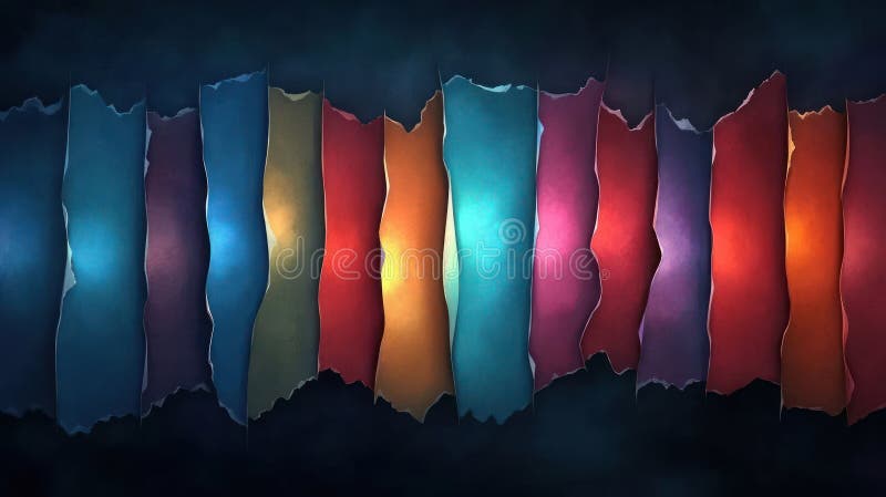 Colorful Torn Paper Strips Illuminated with Soft Lighting, Creating a ...