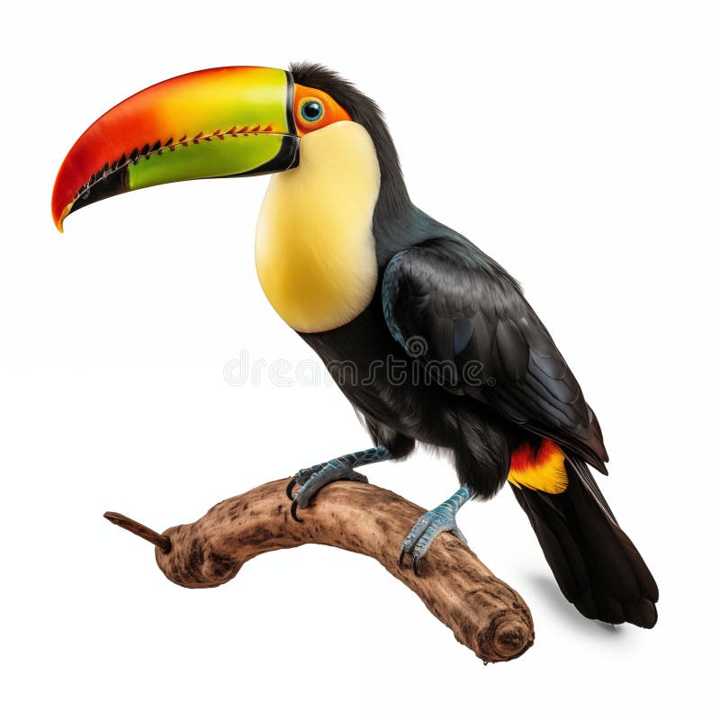Colorful Toucan with Bright Beak Perched on Branch Isolated on White ...