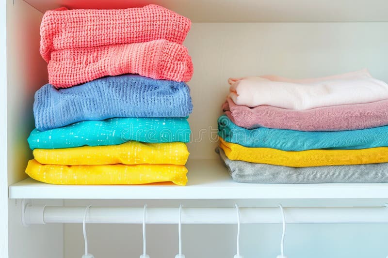 Colorful Towels and Clothes on Shelves, Organized Stock Photo - Image ...