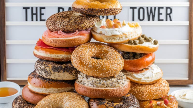 A Colorful Tower of Bagels Piled High, Featuring Various Toppings and ...