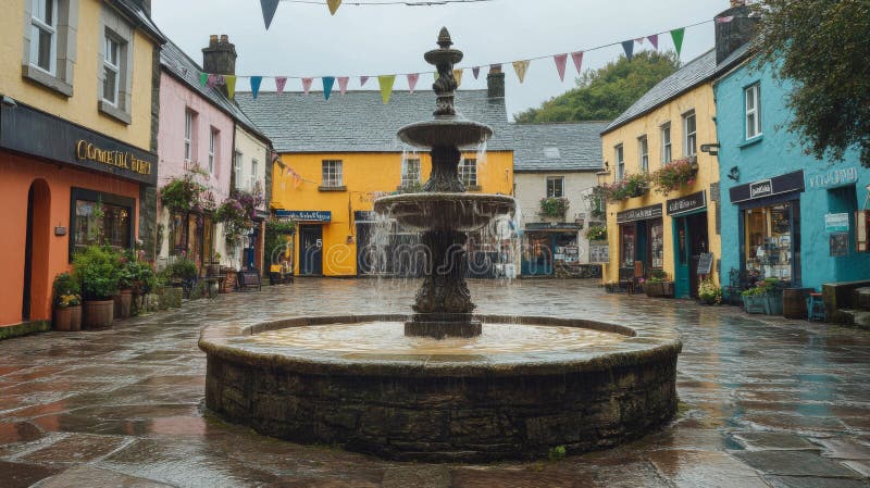 Colorful Town Square Fountain Under Rainy Sky Stock Illustration ...