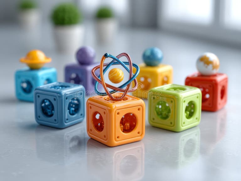 Colorful Toy Blocks with Atom and Planets Model Stock Illustration ...