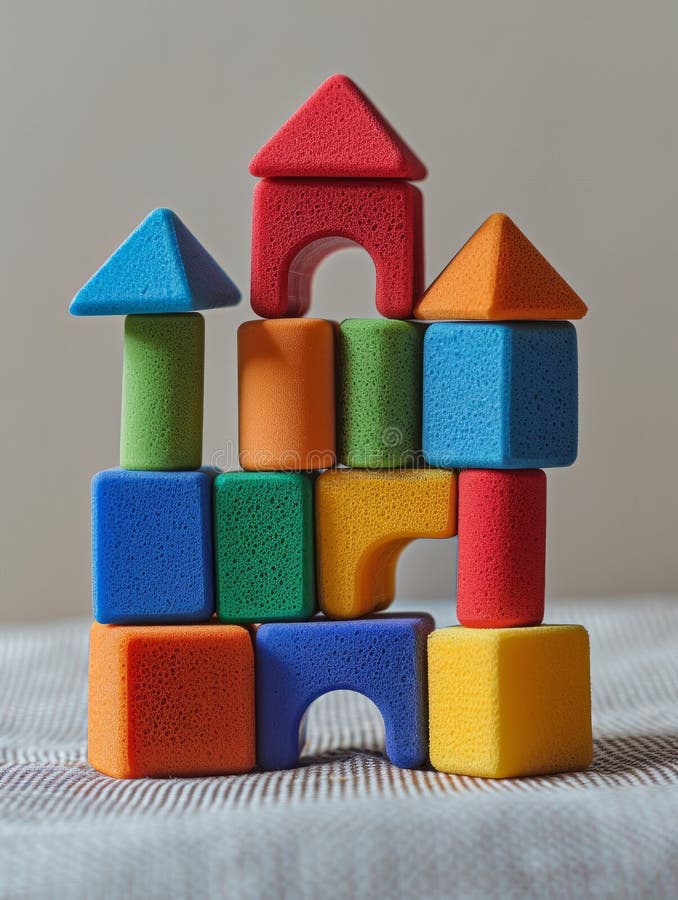 Colorful Toy Blocks Stacked into a Structure on a Patterned Surface ...
