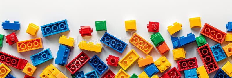 Colorful Toy Building Blocks Scattered on White Background. Plastic ...