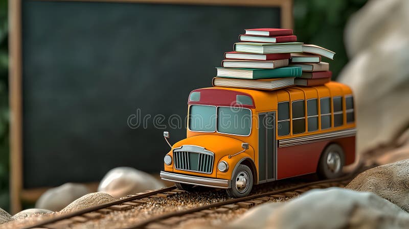 Colorful Toy Bus with Stacked Books on Tracks Stock Illustration ...