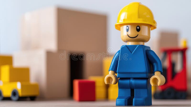 A Colorful Toy Construction Worker Stands in Front of Various Building ...