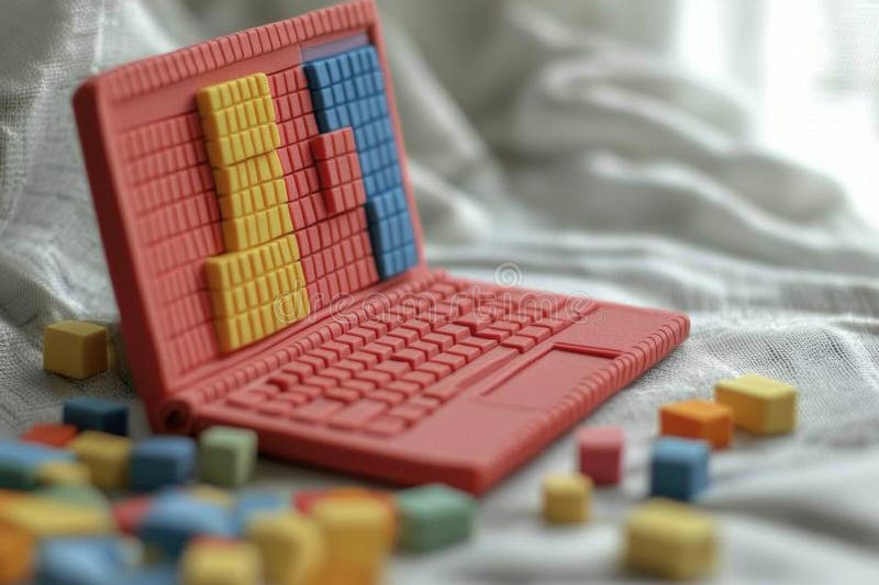 Colorful Toy Laptop with Block Puzzle on Soft Fabric Surface in ...