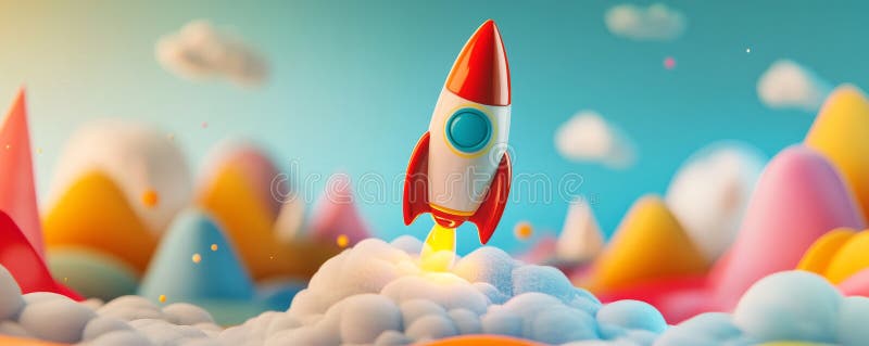 Colorful Toy Rocket Launching among Fluffy Clouds, Whimsical Adventure ...