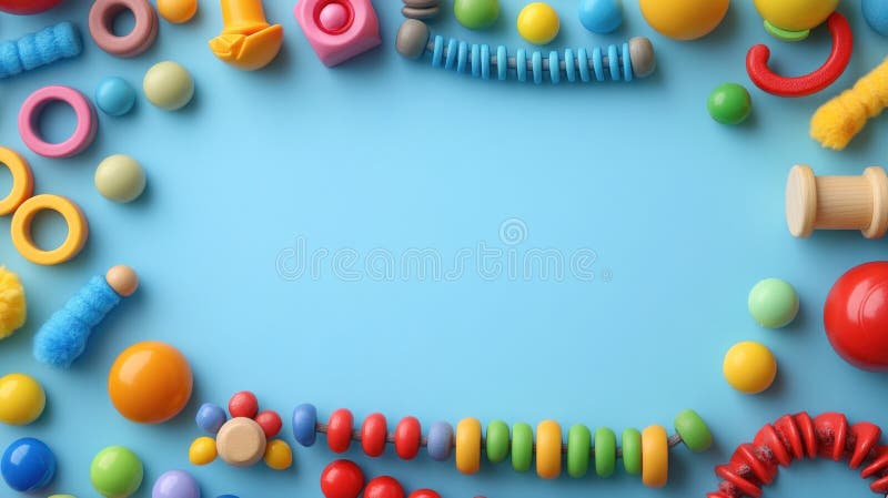 Colorful Toys Frame a Light Blue Surface Stock Illustration ...