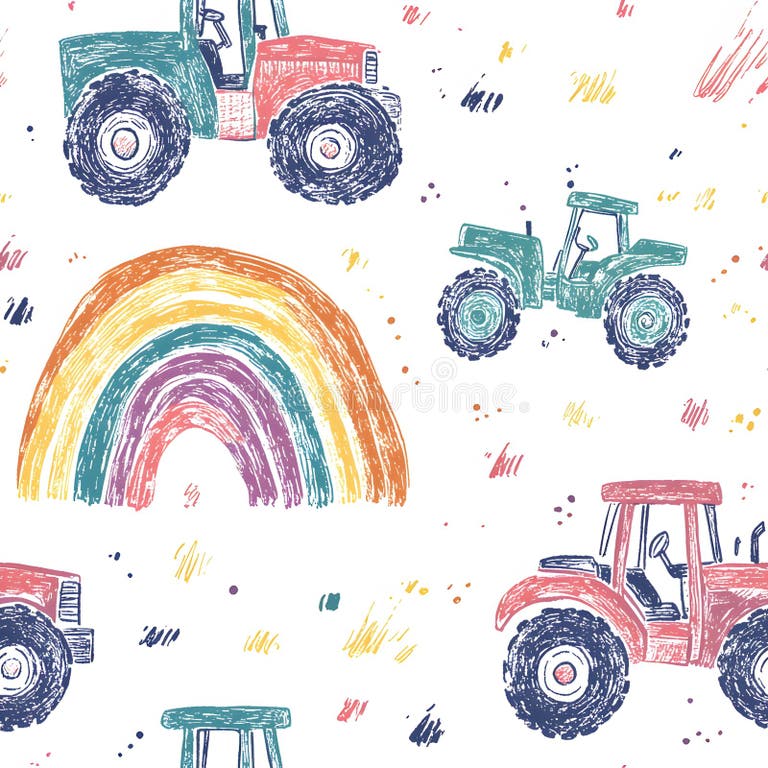 Colorful Tractor Pattern Features Bright Vehicles and a Rainbow on a ...