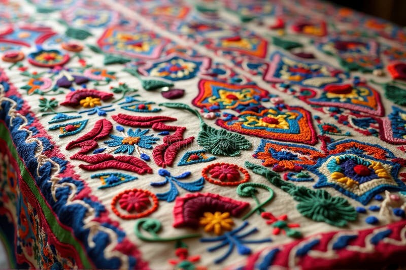 Colorful Traditional Embroidered Textile with Intricate Floral Patterns ...