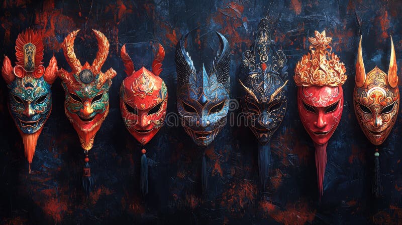 Colorful Traditional Masks Displayed on a Dark Background for Cultural ...